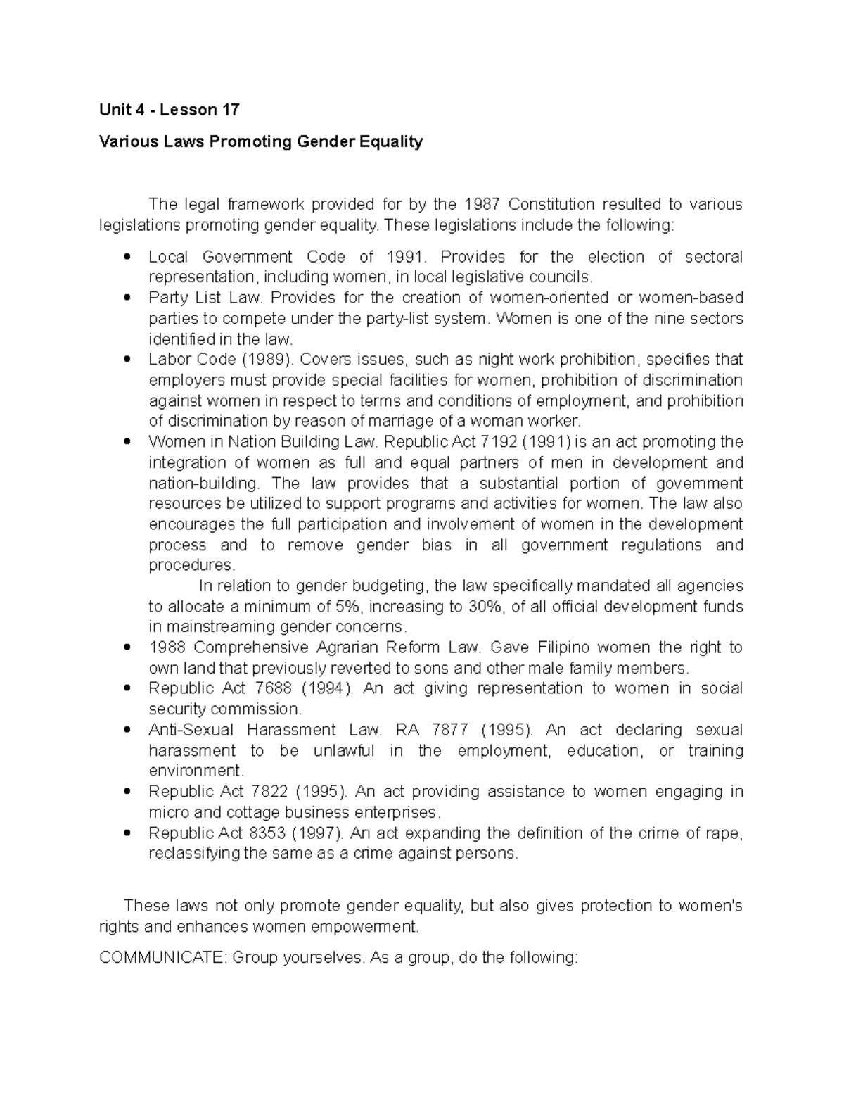 Laws for Gender Equality: A Comprehensive Guide for Unit 4 - Lesson 17 ...