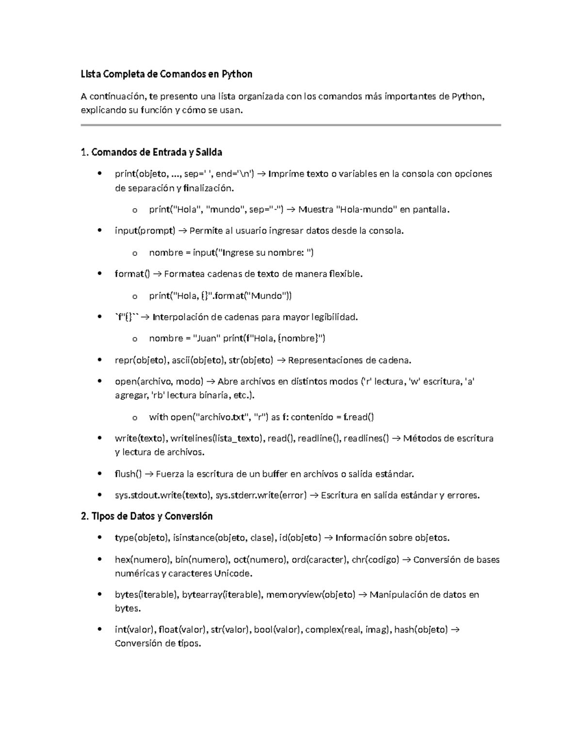 Lista de Comandos Esenciales en Python para Estudiantes 101 - Studocu