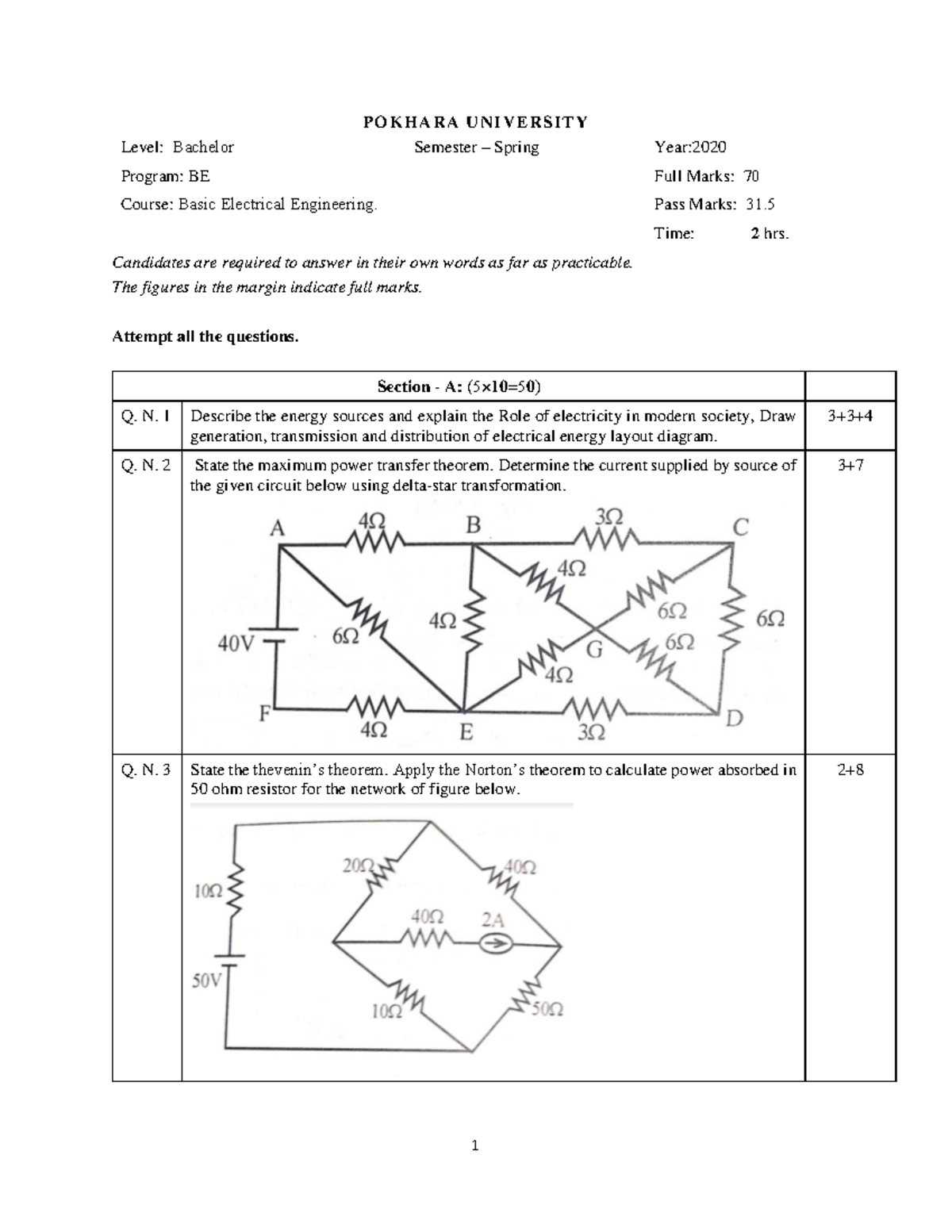 BEE-20 Spring 2020 - Basic Electrical Engineering Exam Guide - Studocu
