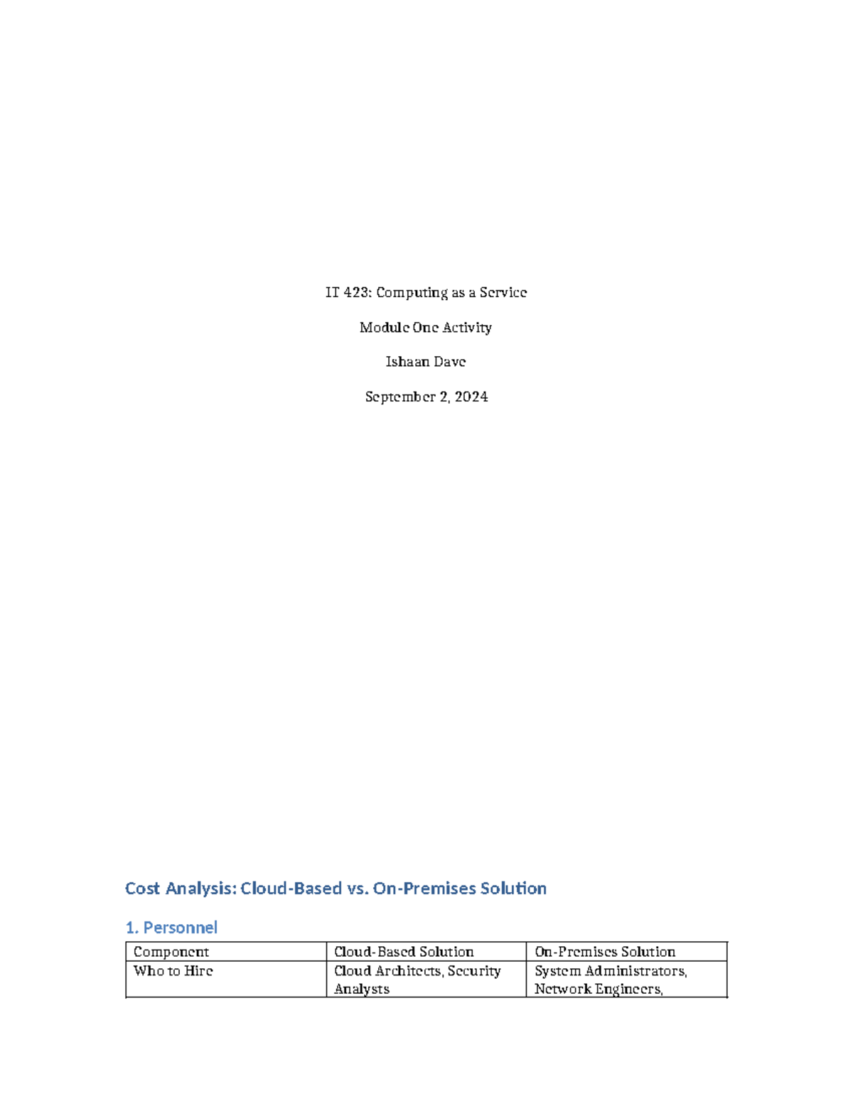 IT 423 Module One Activity: Cloud vs On-Premises Cost Analysis - Studocu