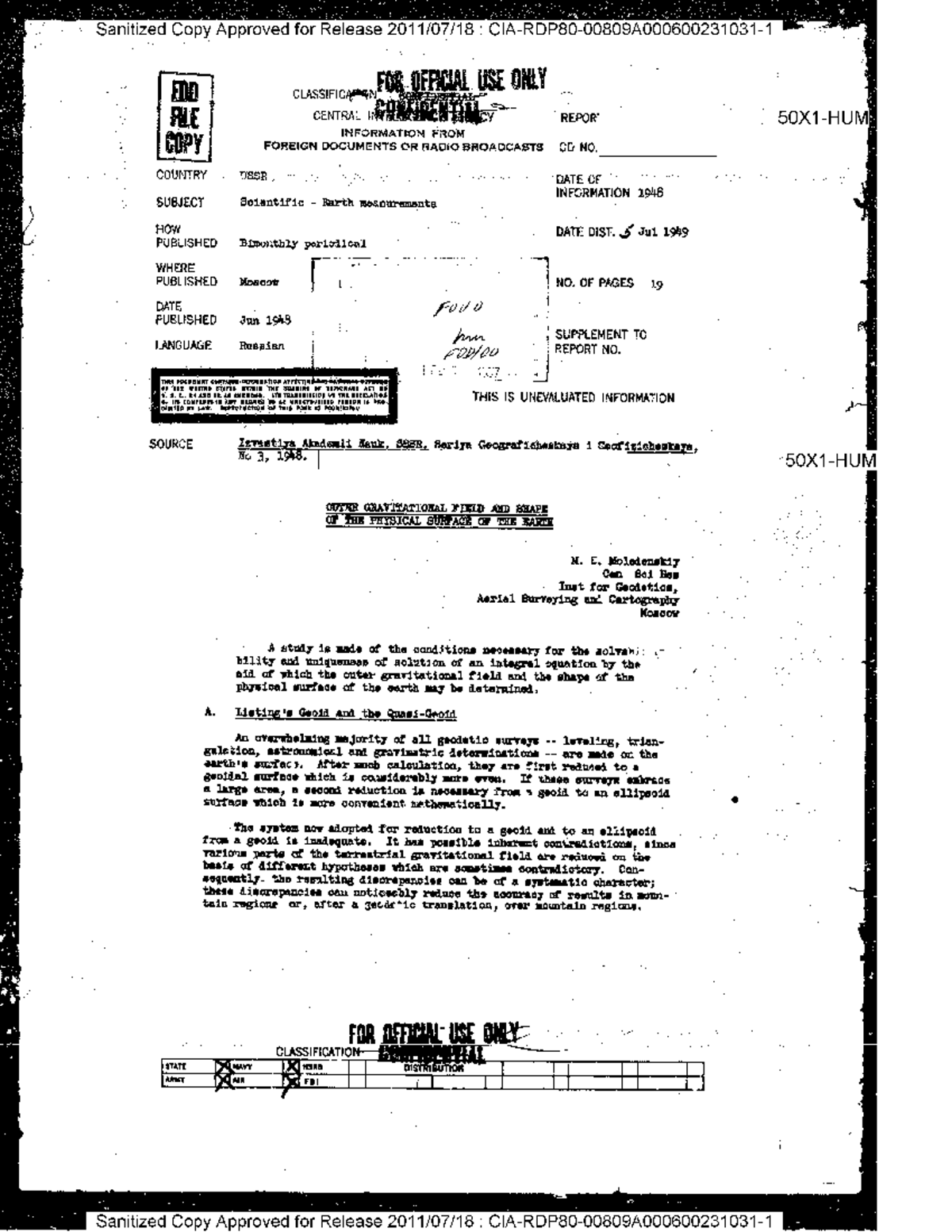 Integral Equation Analysis of Earth's Gravitational Field - CIA RDP80 ...