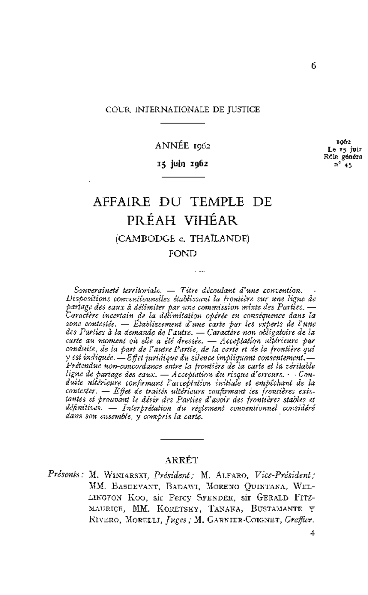COUR INTERNATIONALE DE JUSTICE 1962 - AFFAIRE DU TEMPLE DE PRÉAH VIHÉAR ...