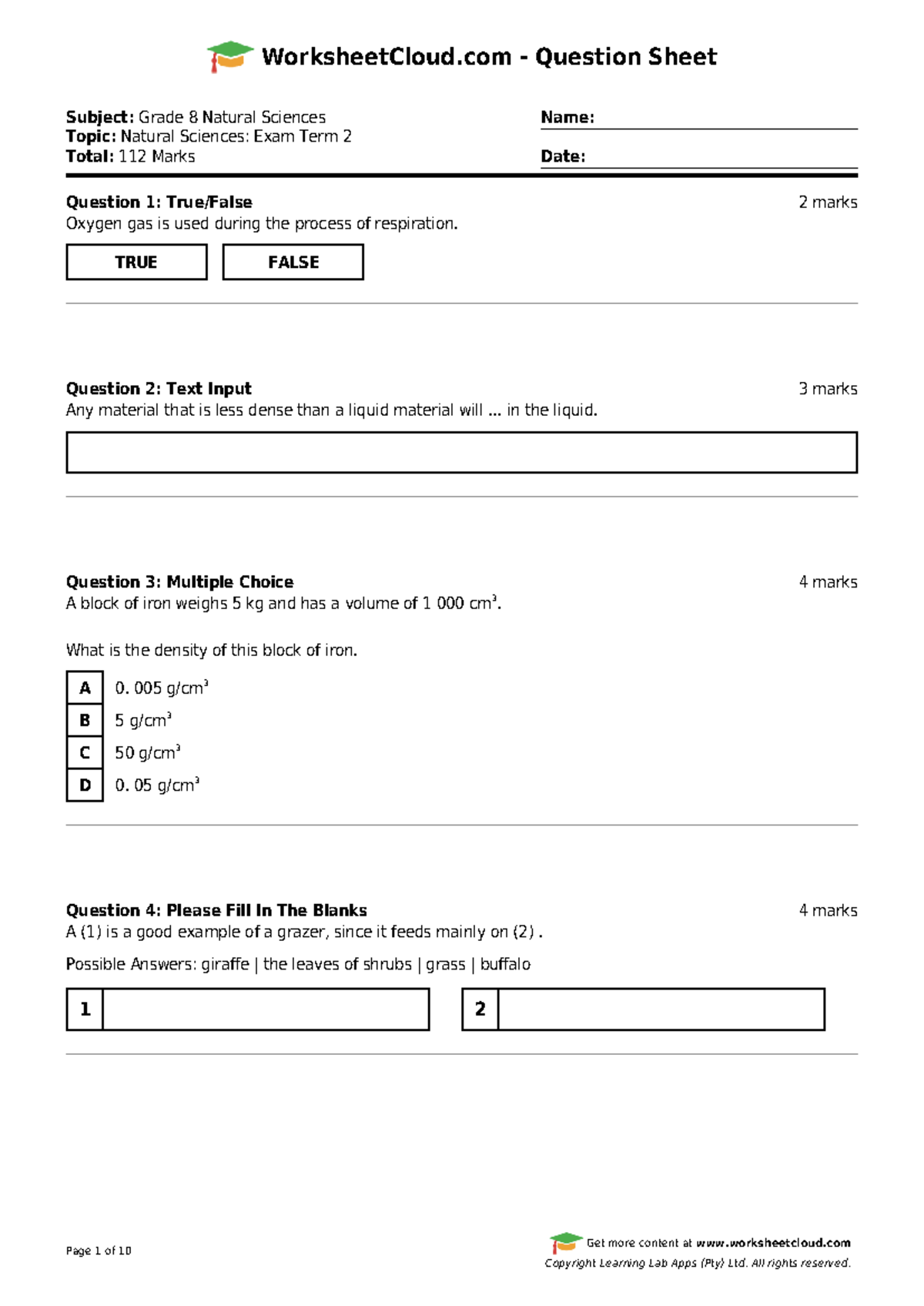 G8 Natural Sciences Term 2 Exam - Comprehensive Question Sheet - Studocu