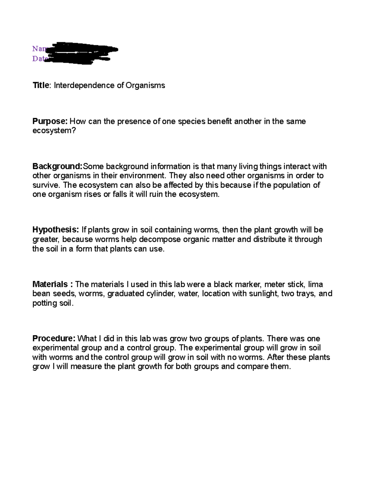 BIOL 101 Lab Report: Interdependence of Organisms and Growth Impact ...
