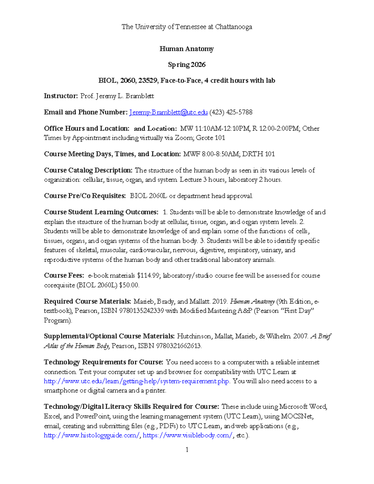 BIOL 2060 Spring 2026 Human Anatomy Syllabus - Prof. Bramblett - Studocu