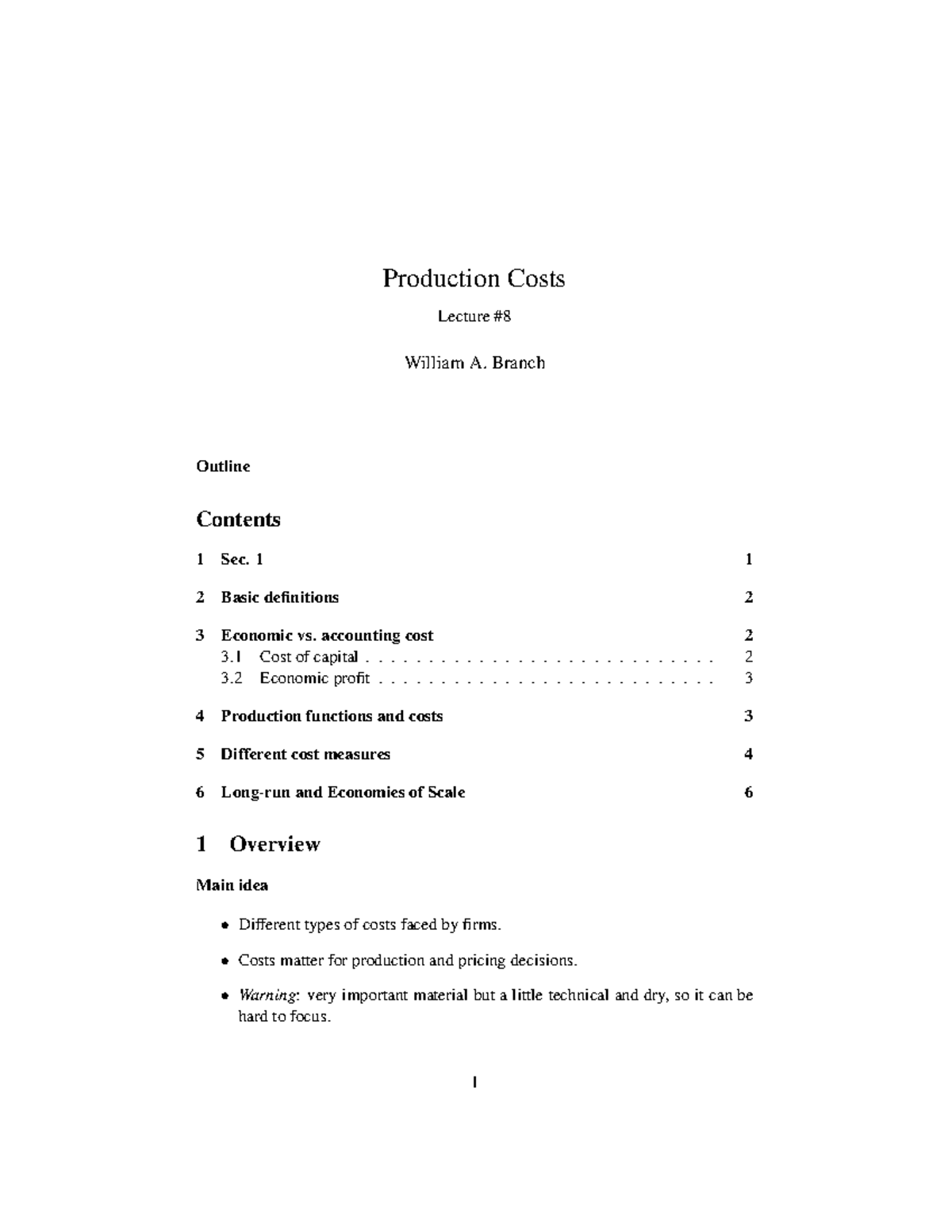 Production Costs Lecture Notes (ECO 101) - William A. Branch - Studocu