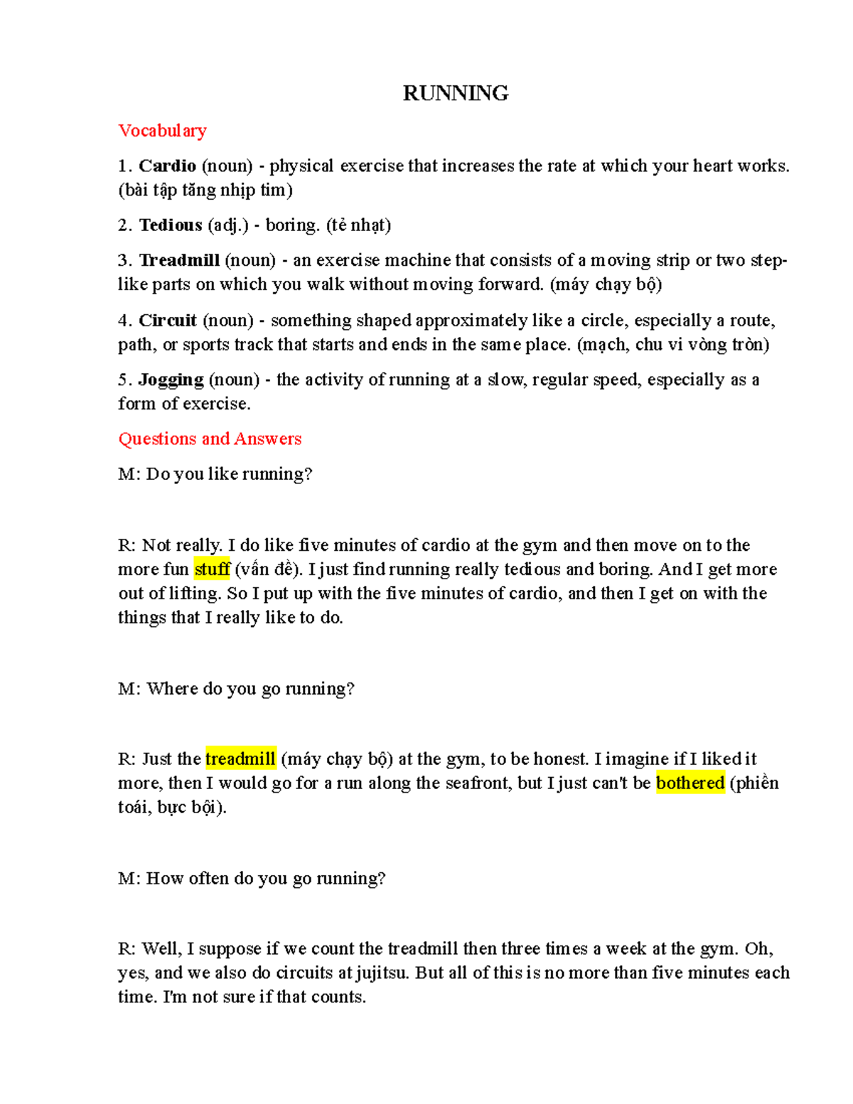 Running - English - RUNNING Vocabulary Cardio (noun) - physical ...