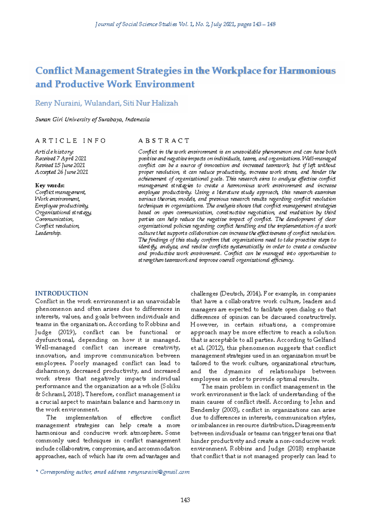 Conflict Management Strategies for a Harmonious Workplace: JSSS Vol. 1 ...