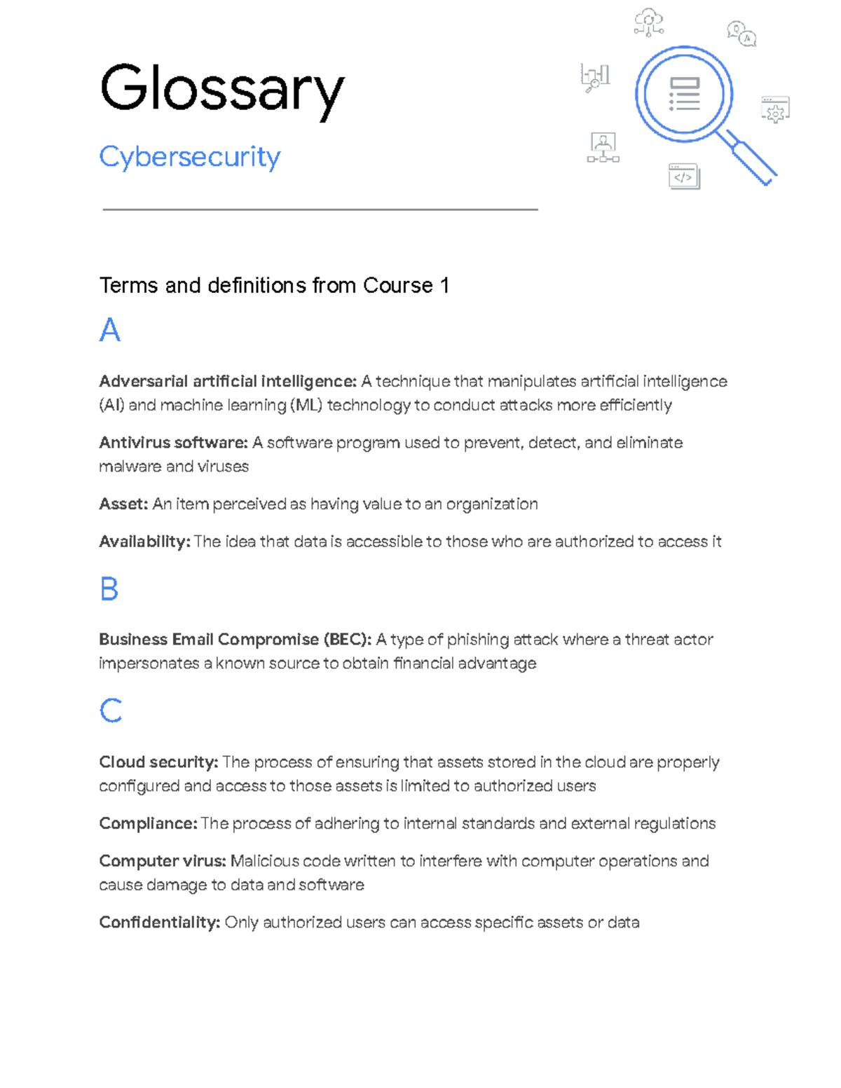 Course 1 Glossary of Cybersecurity Terms and Definitions - Studocu