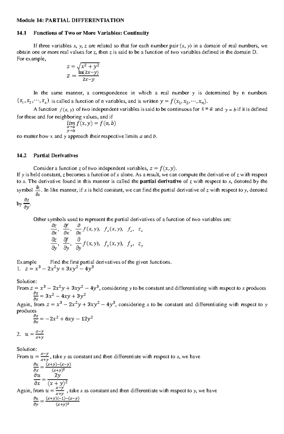 Acquire Module 14 Partial Differentiation - Module 14: PARTIAL DIFFERENTIATION 14 Functions of ...