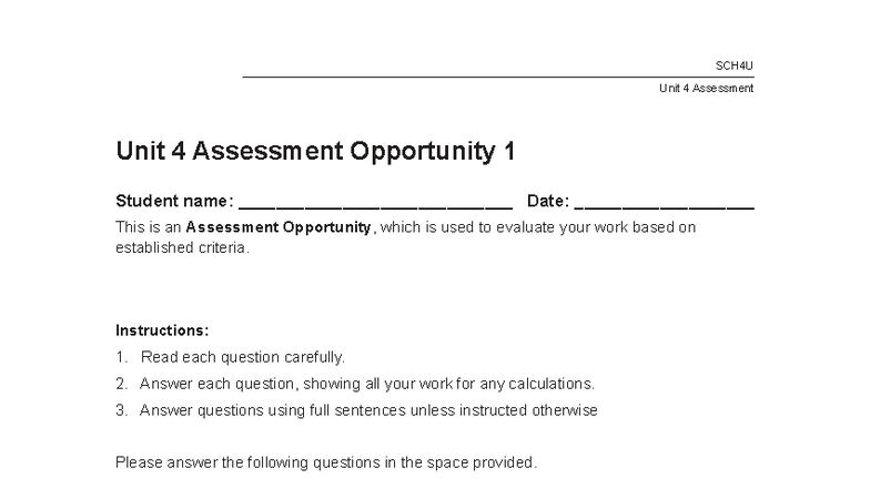 SCH4U Unit 4 Assessment: Oxidation-Reduction Reactions - Studocu