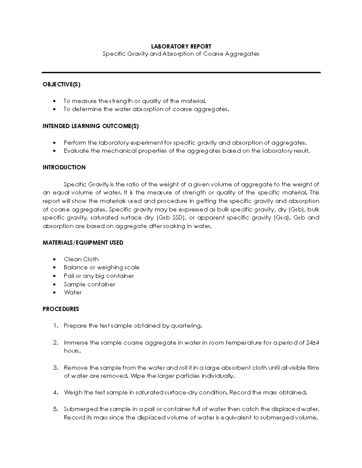 Lab Report CE101: Specific Gravity & Absorption of Coarse Aggregates ...