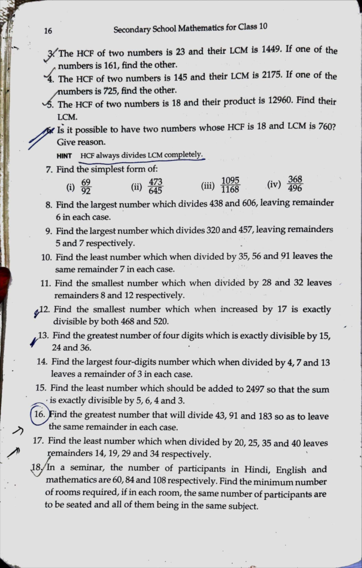 Mathematics Class 10: HCF, LCM, and Remainder Problems - Studocu