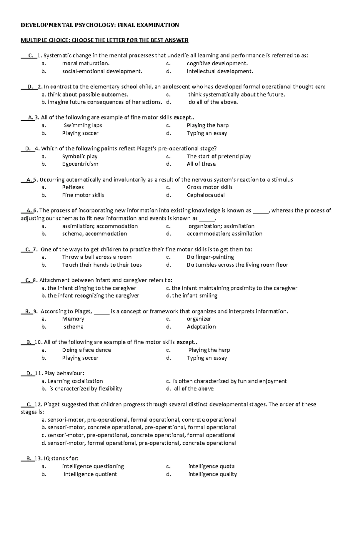 Developmental-Psych-Boards with-answers - Developmental Psychology Mock ...