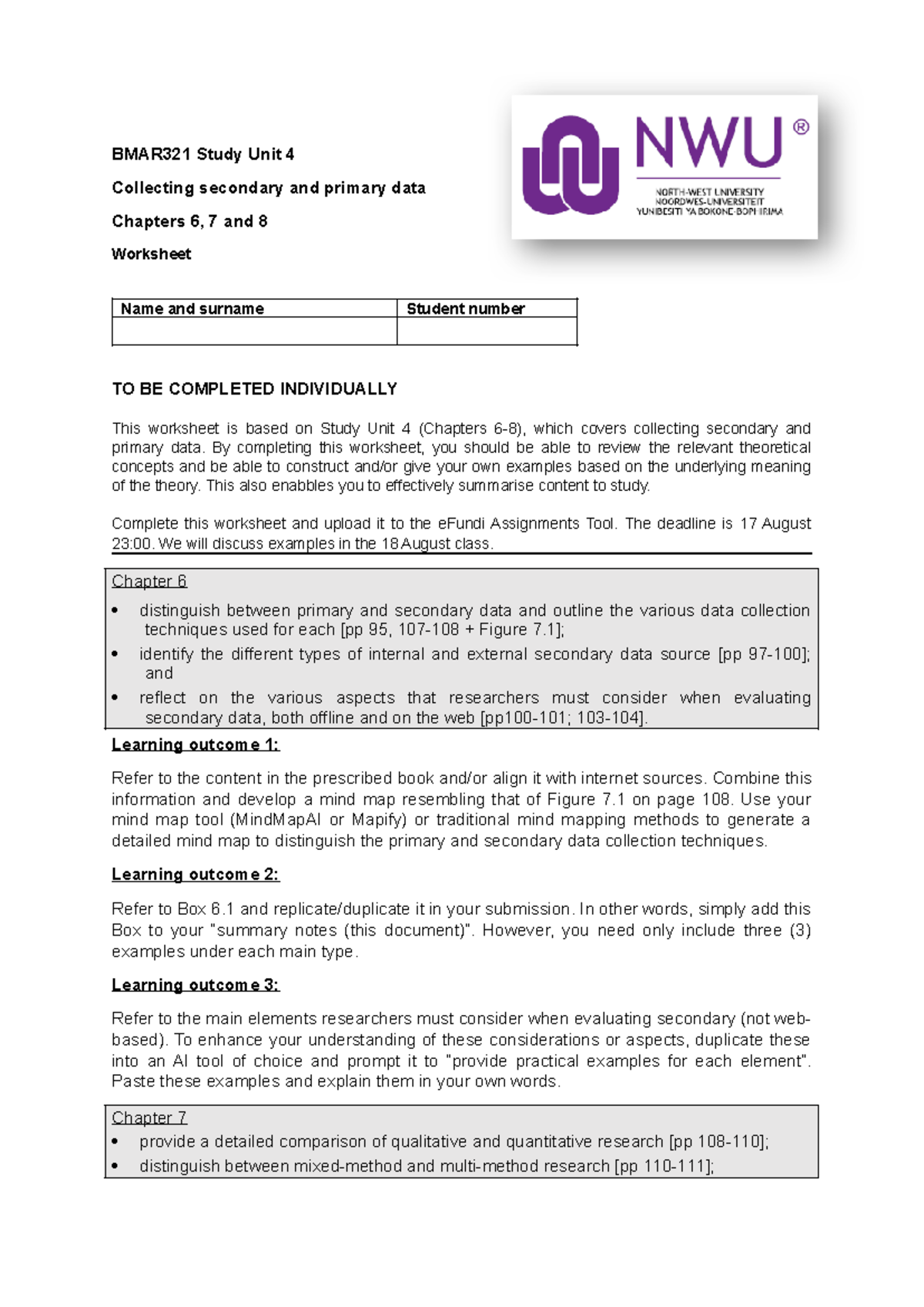 BMAR321 Study Unit 4: Collecting Primary & Secondary Data Worksheet ...