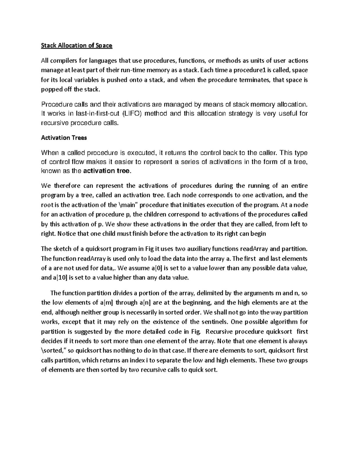 Stack allocation of space and Activation trees - Stack Allocation of ...