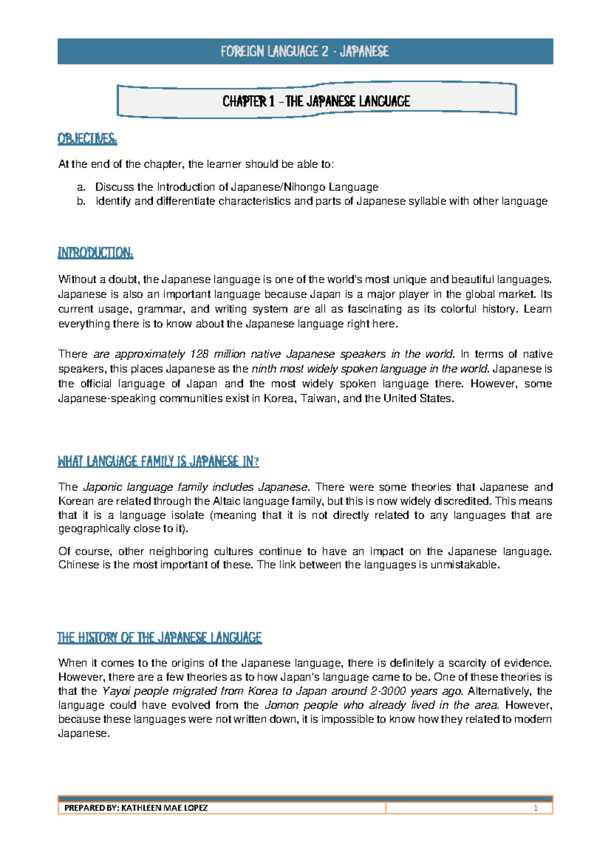 FOREIGN LANGUAGE 2 JAPANESE CHAPTER 1: INTRODUCTION TO JAPANESE ...