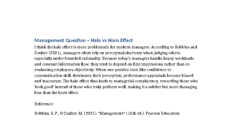 Management Insights: Halo vs Horn Effect Analysis - Studocu
