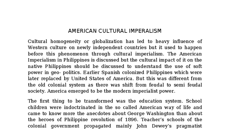 Cultural Impact of American Imperialism in the Philippines - Studocu