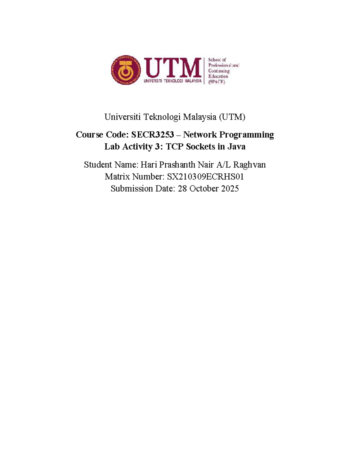 LAB 3: TCP Sockets in Java - SECR3253 Network Programming Report - Studocu