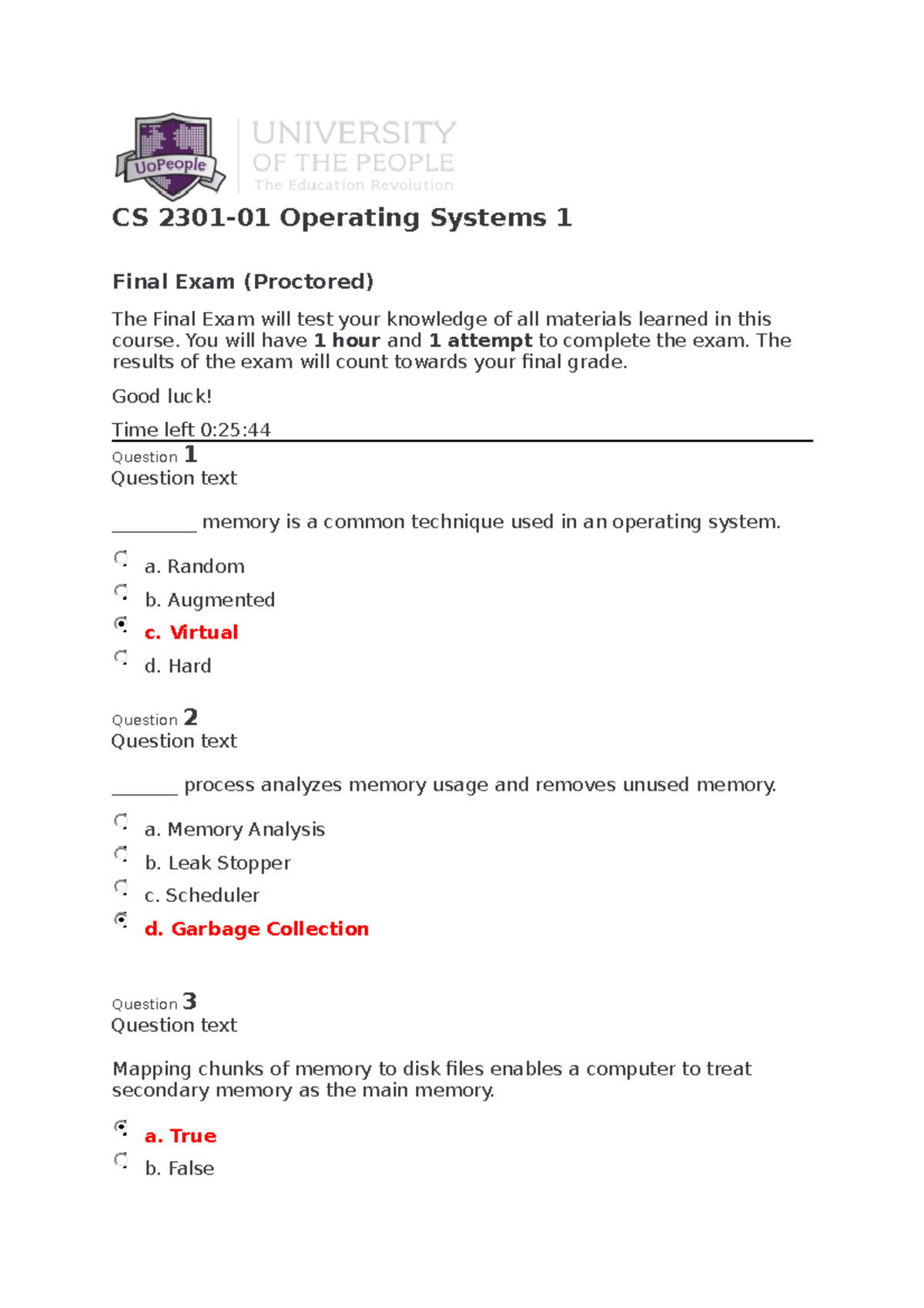 CS 2301 Operating System 1 Final Exam 2023 - CS 2301-01 Operating ...