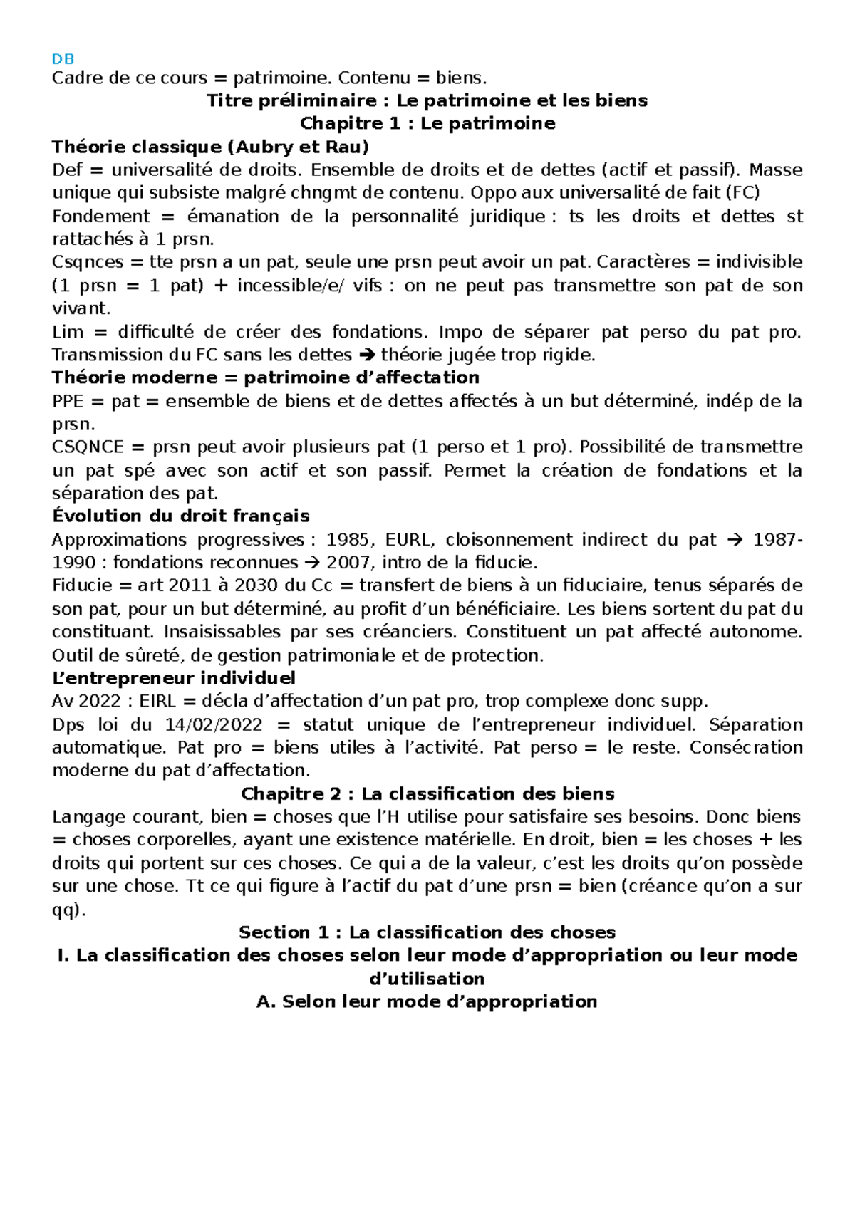 DB - oui - DB Cadre de ce cours = patrimoine. Contenu = biens. Titre ...
