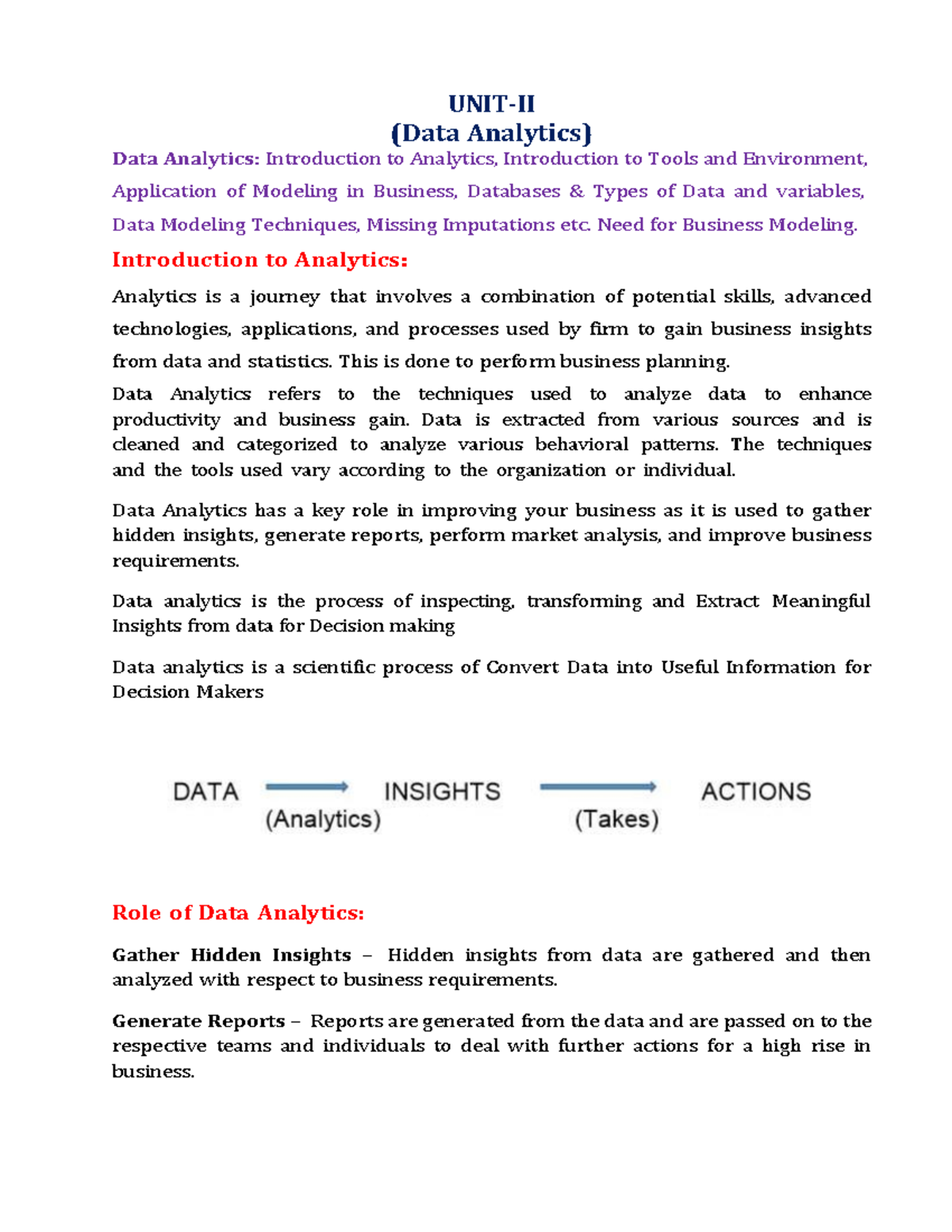 Data Analytics Unit II - Unit 2 - UNIT-II (Data Analytics) Data ...