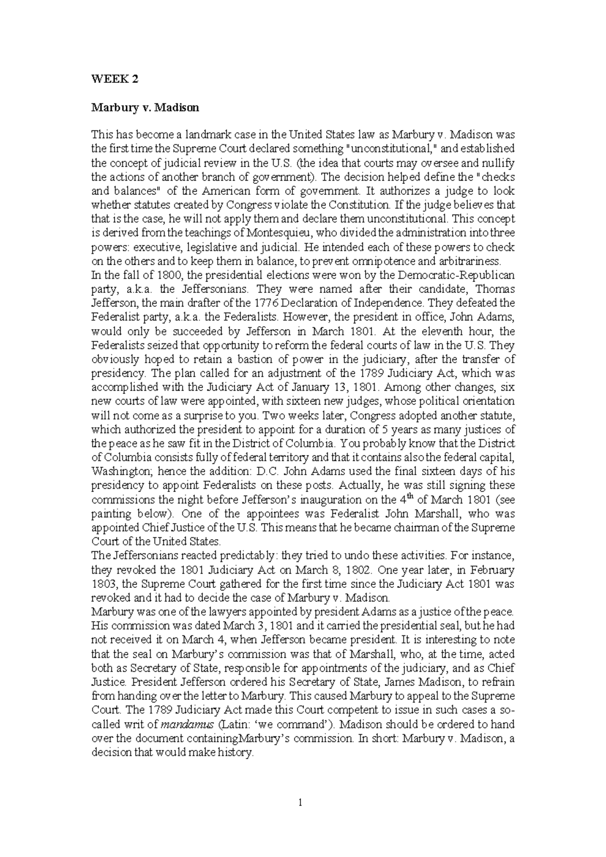Tutorial Legal History Week 2: Landmark Cases Marbury v. Madison ...