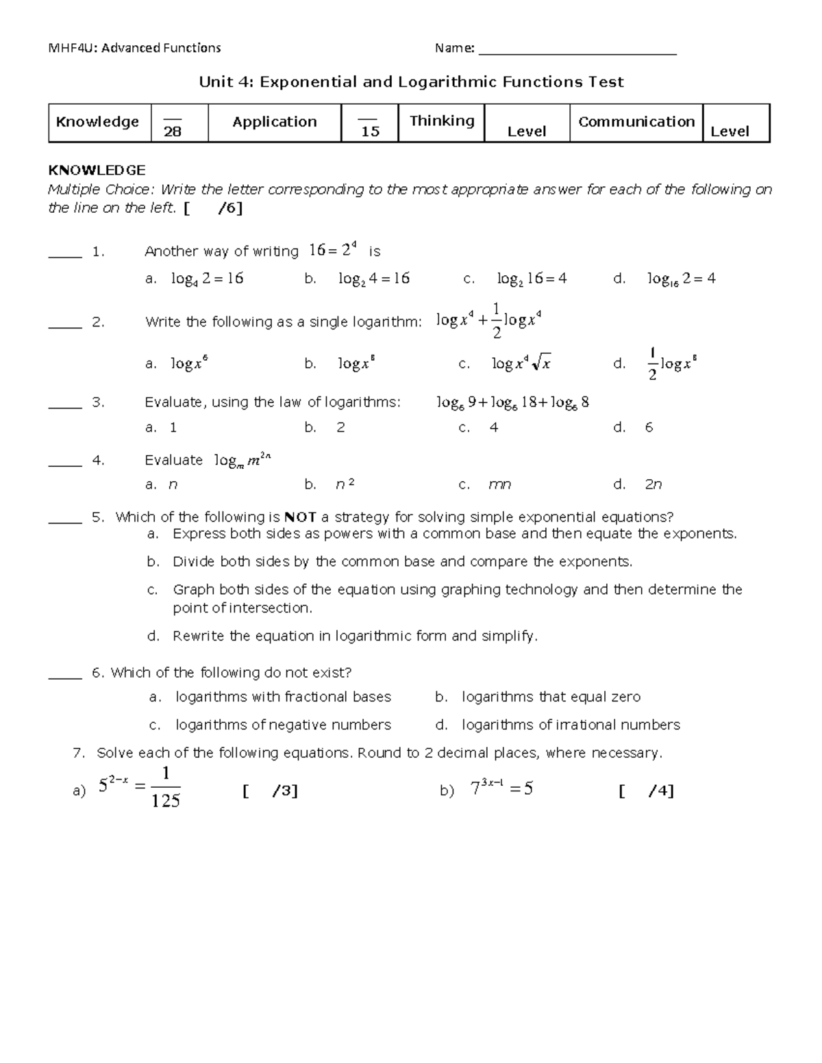 MHF4U Unit 4 Test: Exponential & Logarithmic Functions - Studocu