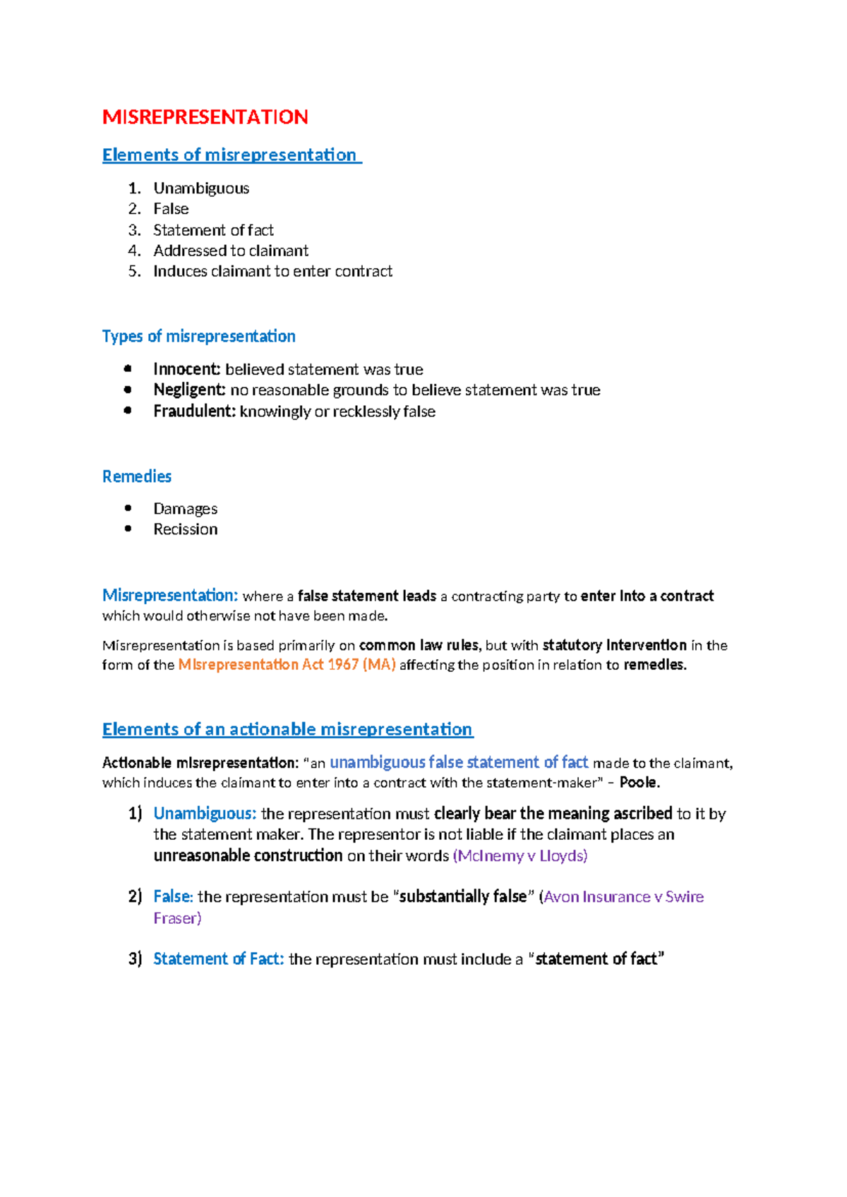 Misrepresentation Notes for Law 101: Key Elements and Types - Studocu