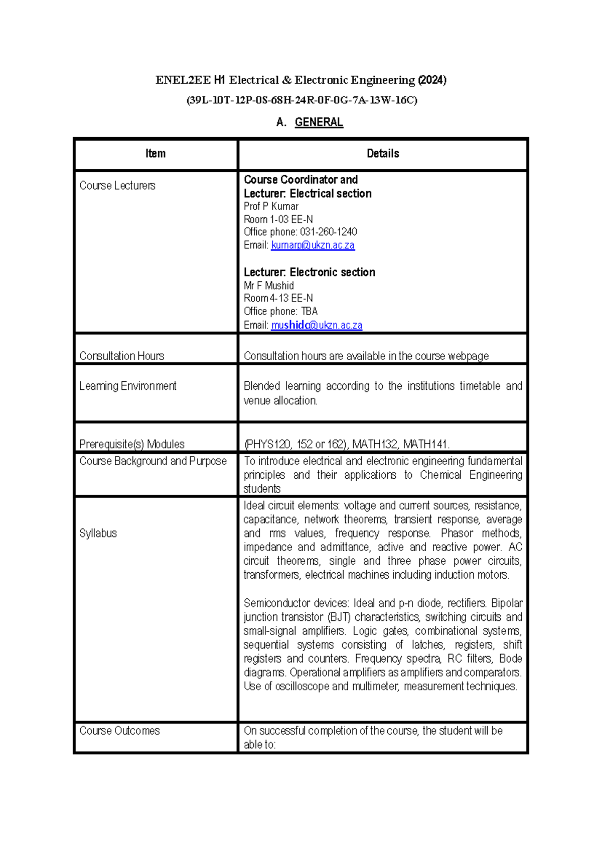 ENEL2EE Course Outline and Syllabus 2024 for Electrical Engineering ...