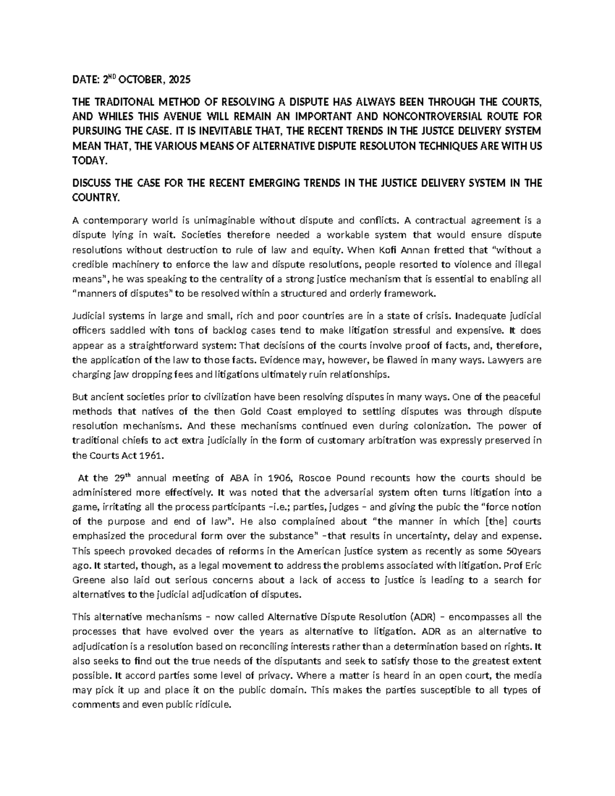 ADR 1: Emerging Trends in Justice Delivery Systems - Studocu