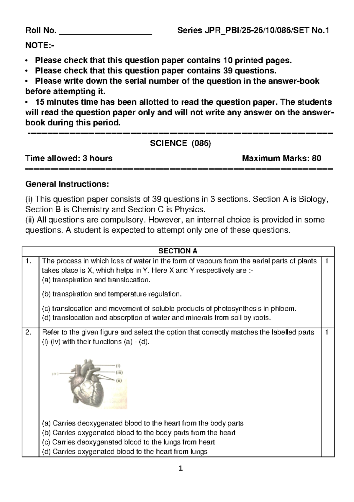 Science (086) Final Exam Question Paper: 39 Questions in Biology ...