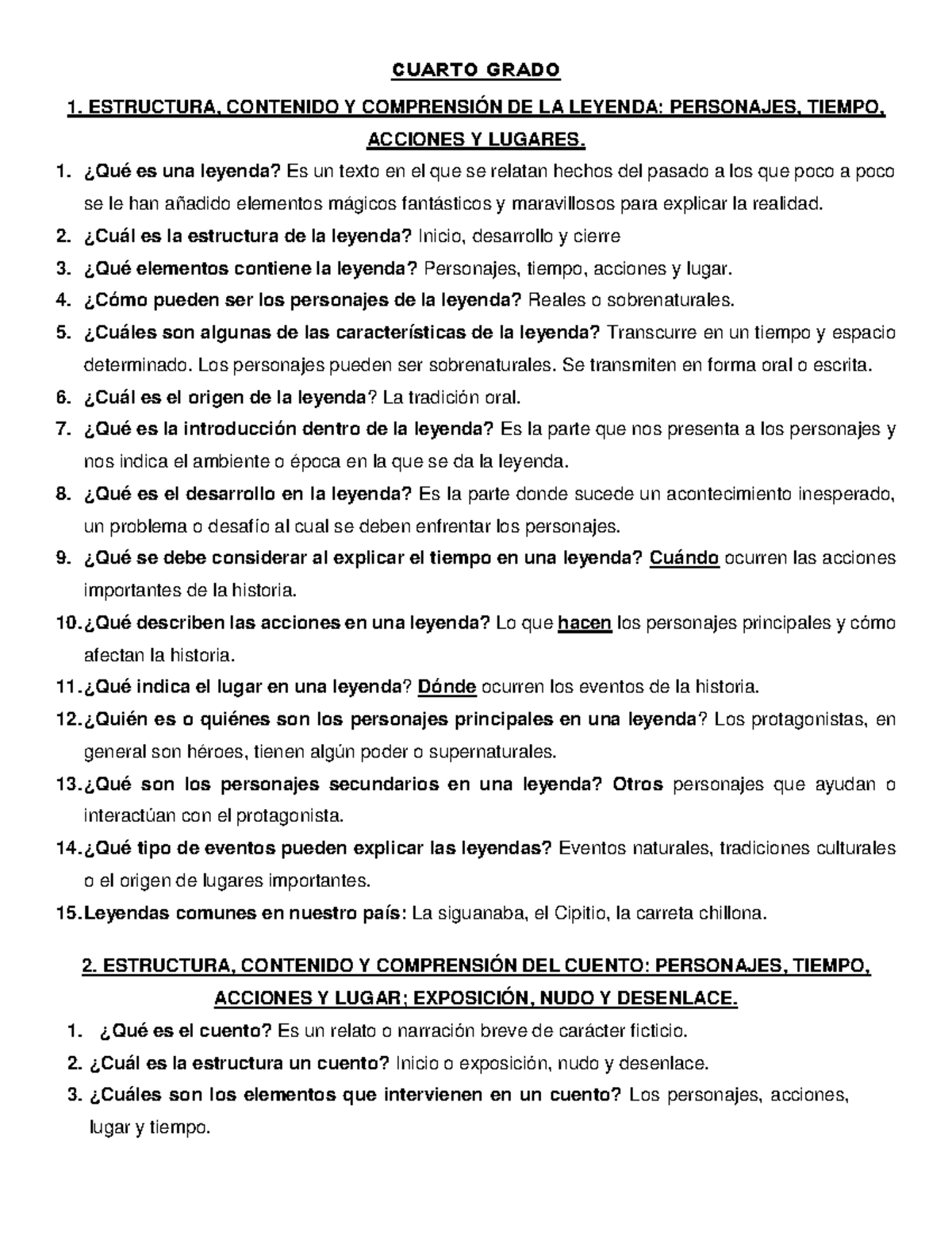 Cuestionario de Estructura y Comprensión en Cuarto Grado 044422 - Studocu