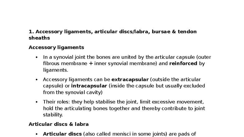 9-2 - Accessory Ligaments and Joint Structures in Synovial Joints - Studocu
