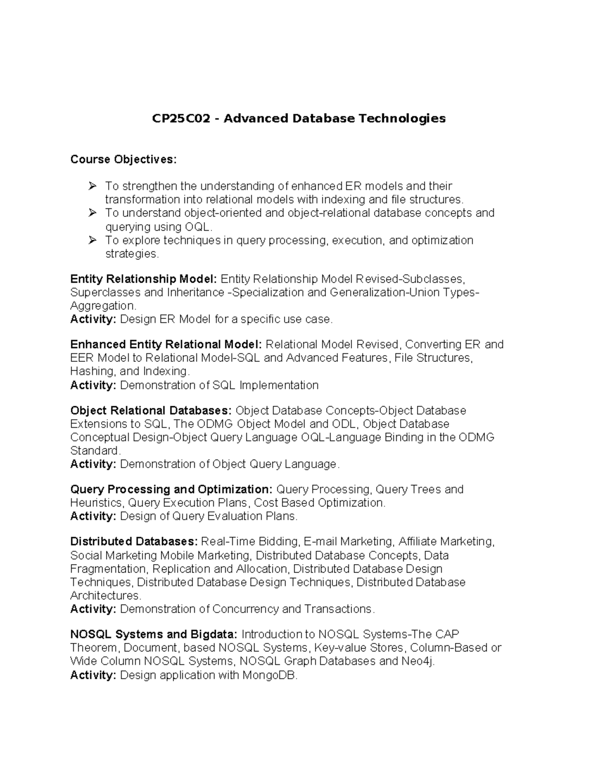 CP25C02 Advanced Database Technologies Course Overview and Objectives ...