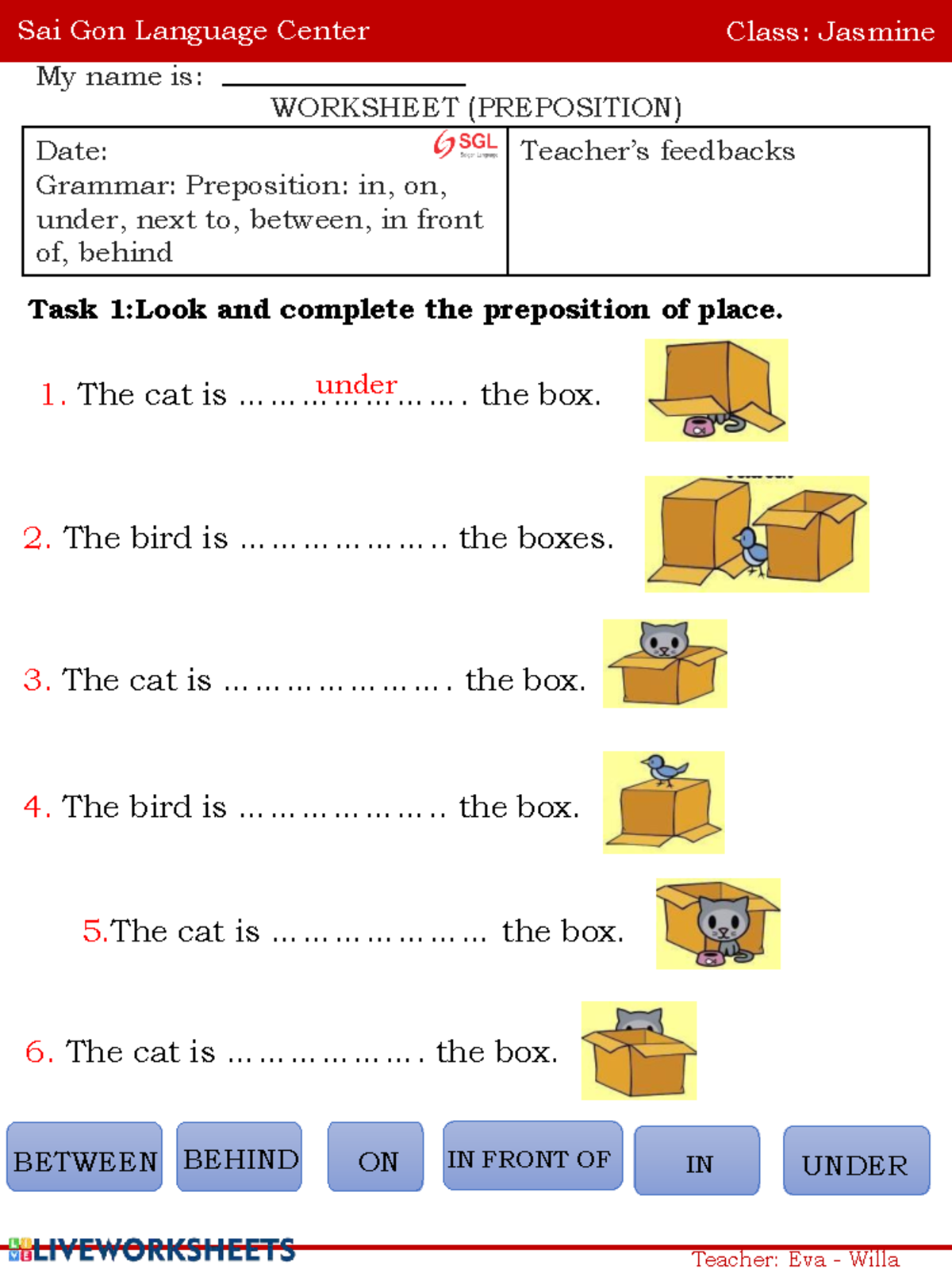 Sai Gon Language Center: Preposition Worksheet - Unit 5 Fam 2 - Studocu