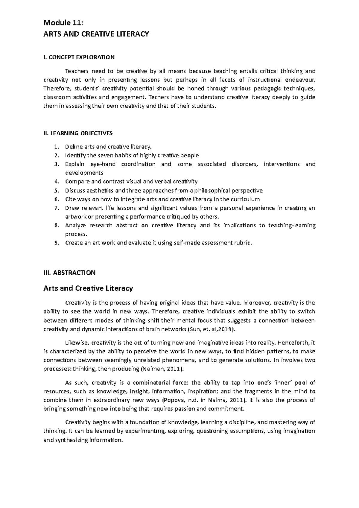 Module-11: Exploring Arts and Creative Literacy in Education - Studocu