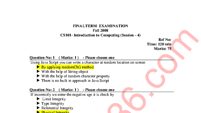 CS101 Final Term Exam Fall 2008: Introduction to Computing Questions ...