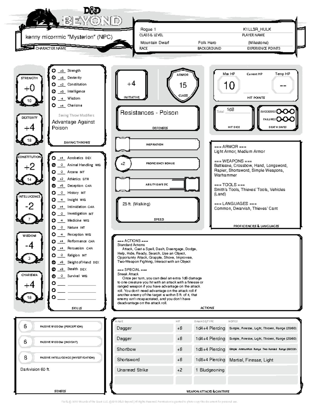 K1LL3R_HULK (NPC) Character Sheet - Rogue 1 (Mountain Dwarf) - Studocu