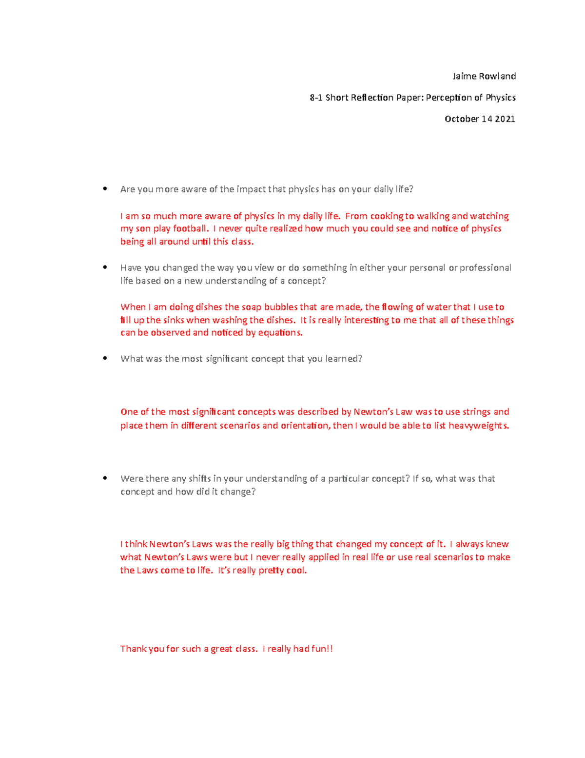 Perception of Physics: Reflection Paper by Jaime Rowland (8-1) - Studocu