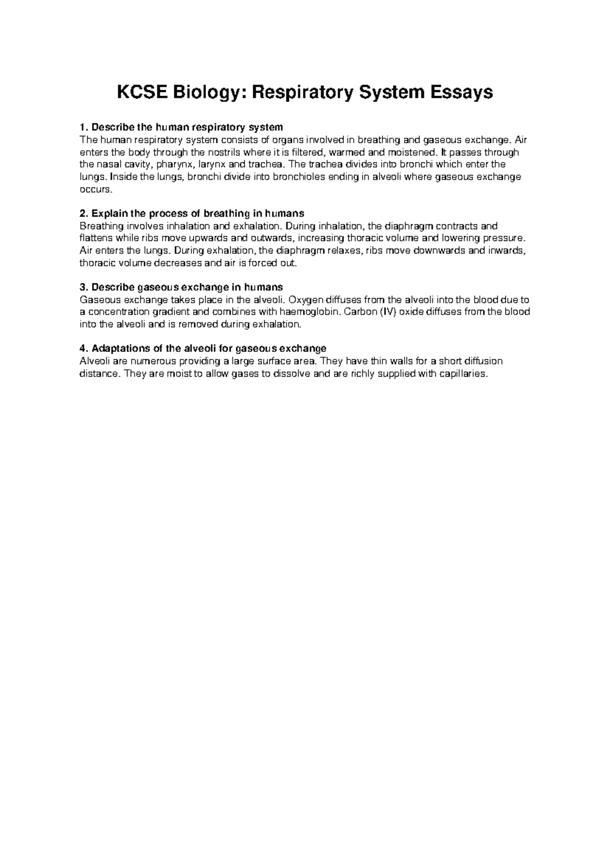 KCSE Biology: Essays on the Human Respiratory System - Studocu