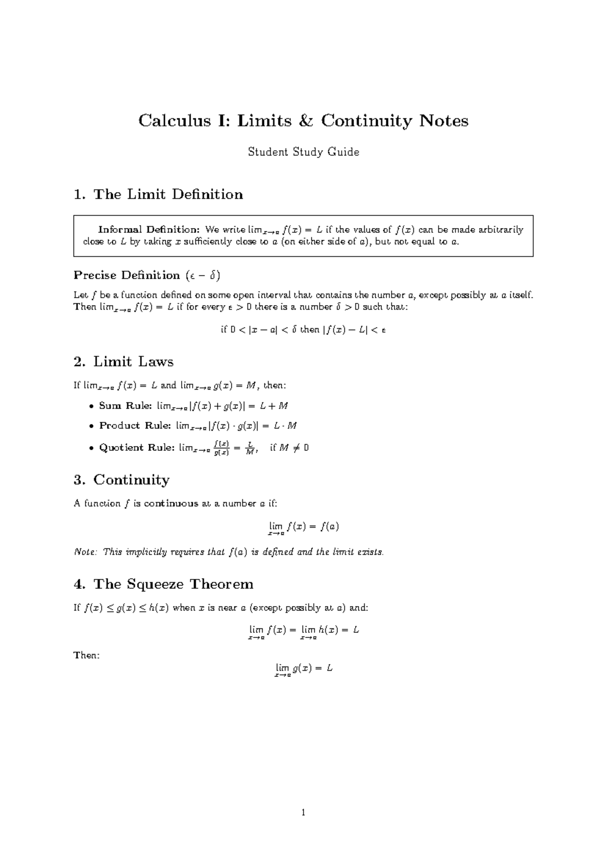 Calculus I: Limits & Continuity Notes - Jump Discontinuity Study Guide ...