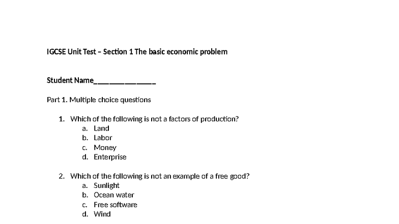 IGCSE Unit Test - Section 1: The Basic Economic Problem - Studocu