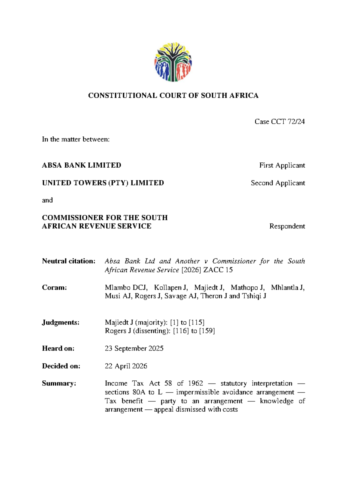 CCT Case Summary: Absa Bank Ltd v Commissioner for SARS on Tax ...