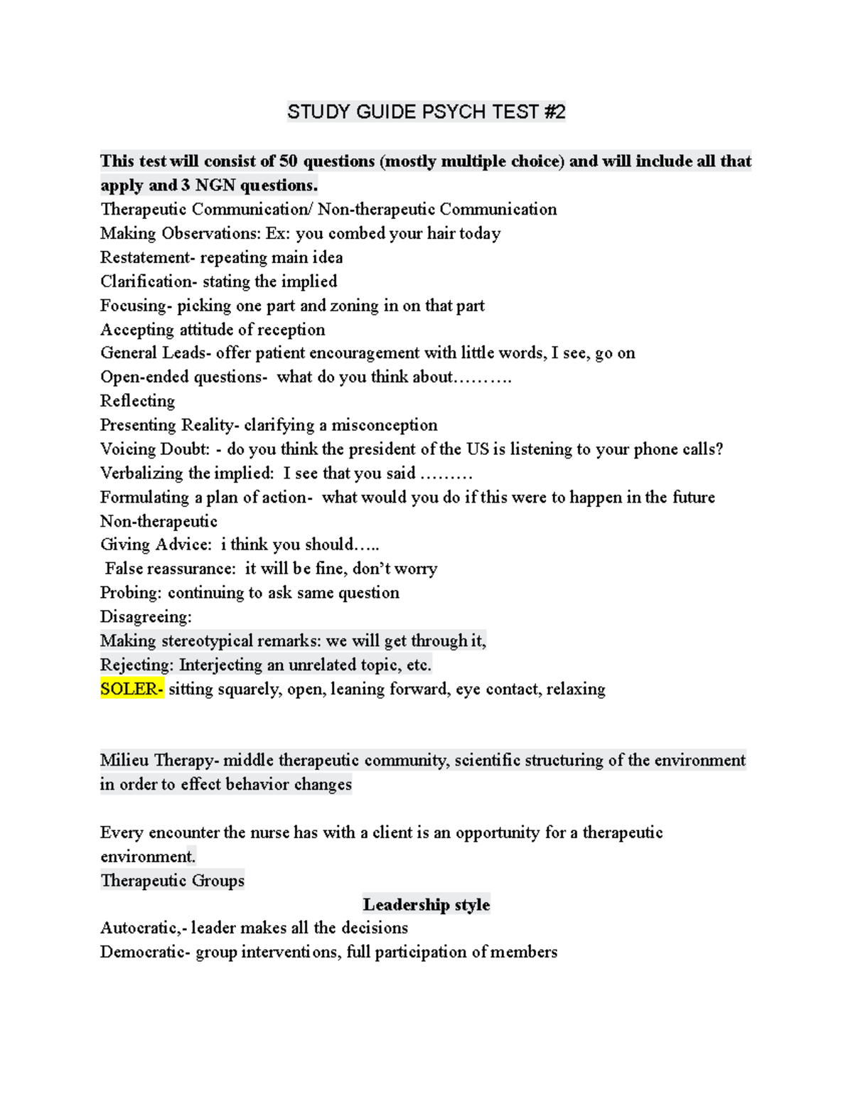 Study Guide for PSYCH 102: Therapeutic Communication & Group Dynamics ...