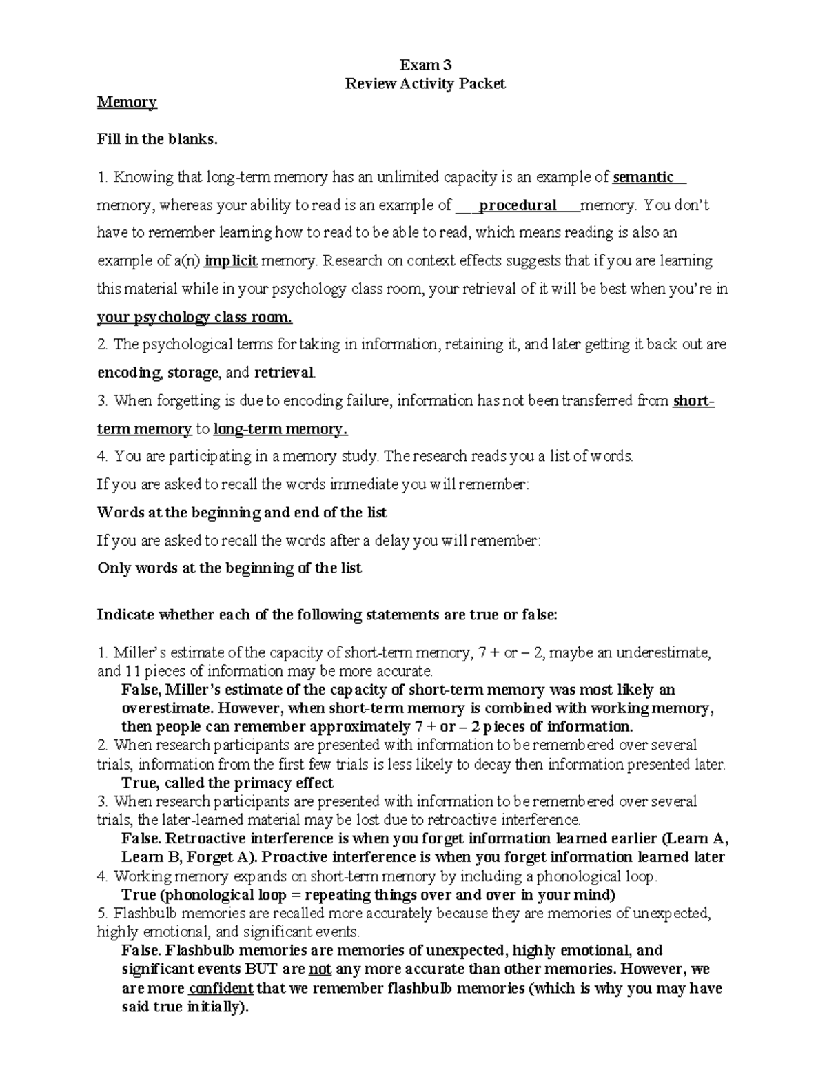 Psychology 101: Memory Exam 3 Review Activity Packet - Studocu