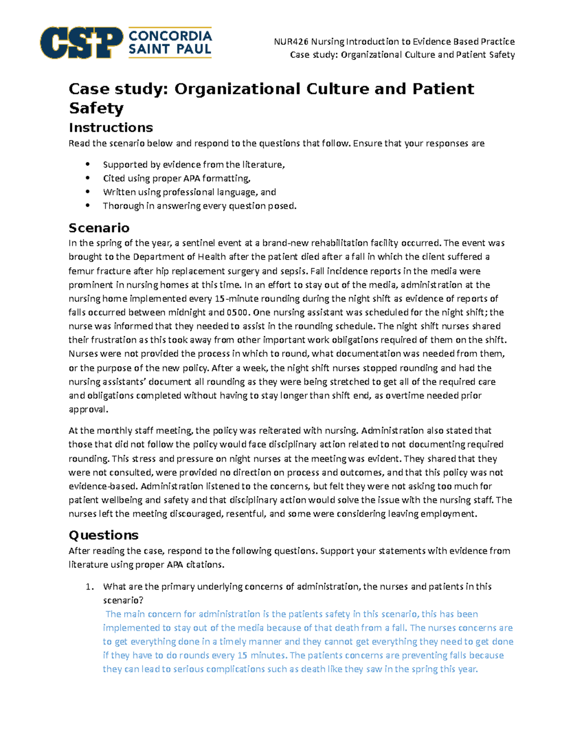 NUR426 Case Study: Enhancing Organizational Culture for Patient Safety ...