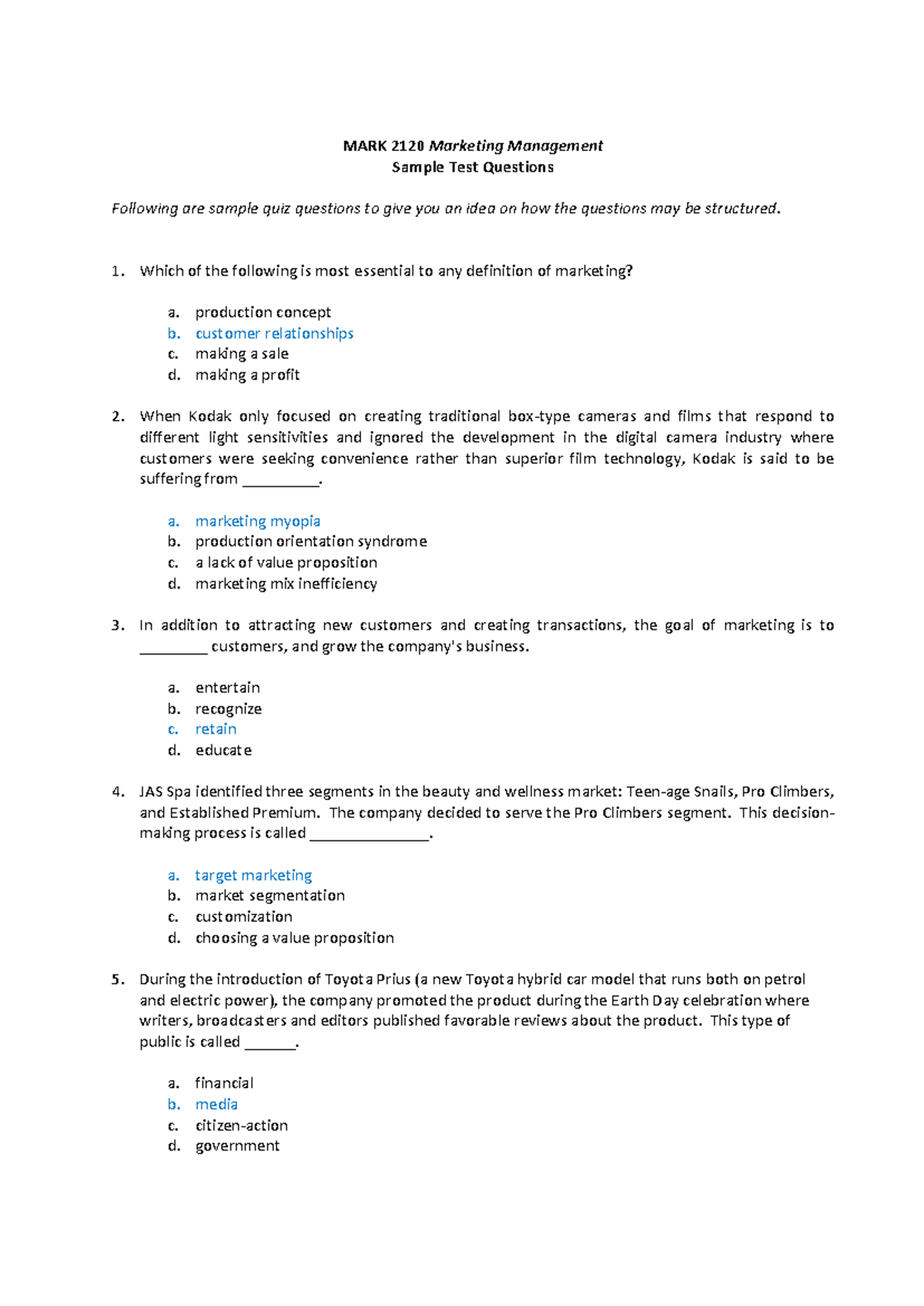 MARK 2120 Marketing Management Sample Quiz Questions - Studocu