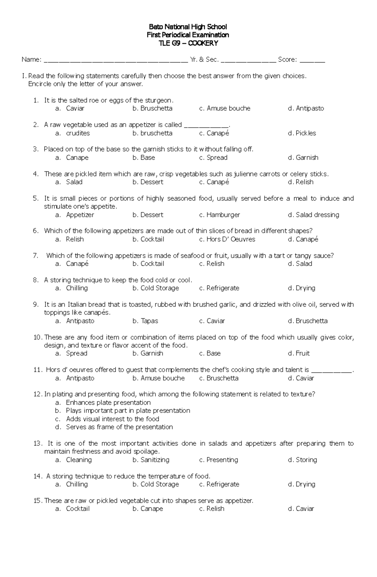 TLE G9 Cookery – First Periodical Exam Review and Answers - Studocu